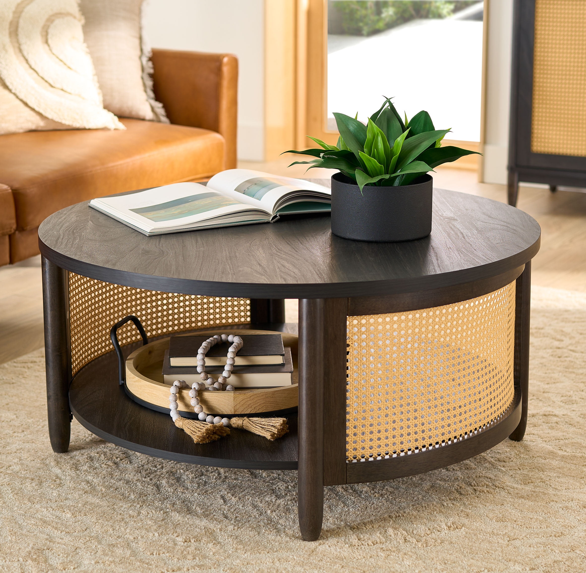 Better Homes & Gardens Springwood Caning Coffee Table, Charcoal Finish ...