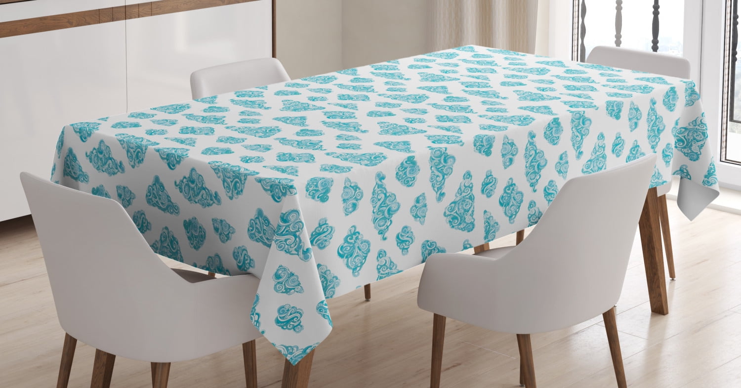 Clouds Tablecloth, Blue Ornate Sky Element Motifs on White Background ...