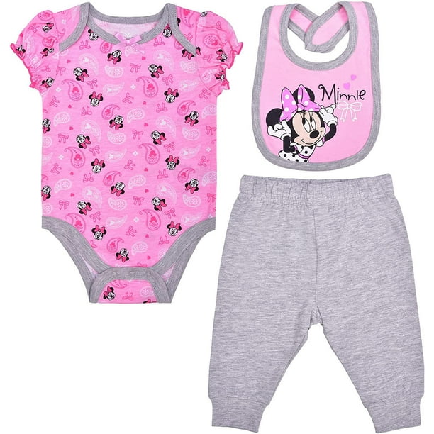 Disney Baby Girls' 3 Pack Minnie Mouse Bodysuit, Pant, and Bib Set ...