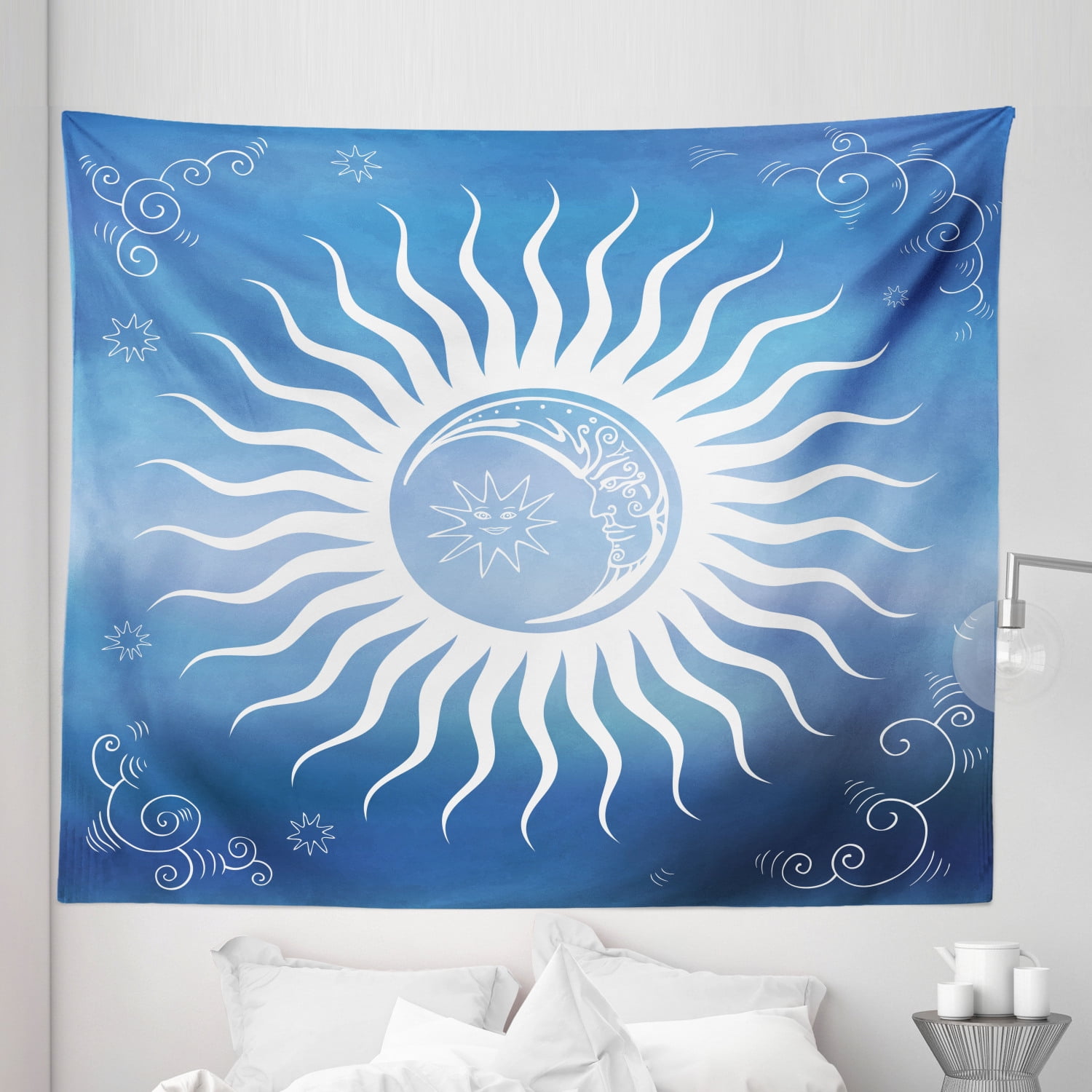 Sun Tapestry, Crescent Moon and Sun with Curlicue Stripes Ornate ...