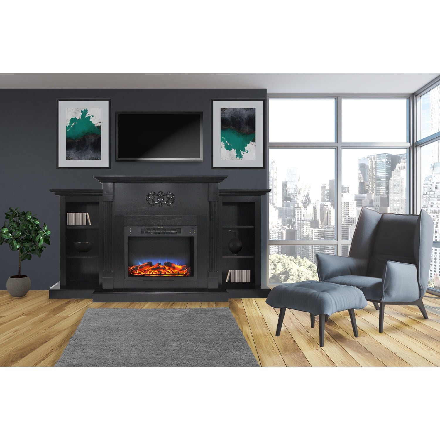 Cambridge Sanoma Electric Fireplace Heater with 72" Bookshelf Mantel ...