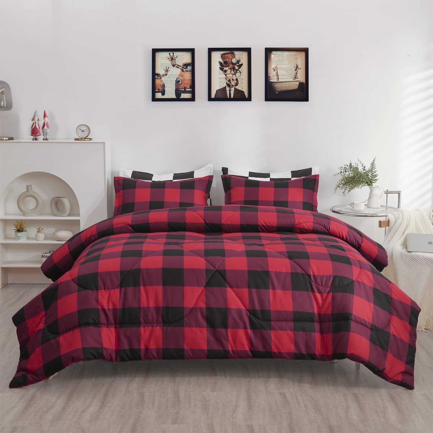 LUCKYBULL Comforter Set 2 Pieces Twin Bedding Set Fluffy Red Plaid Down ...