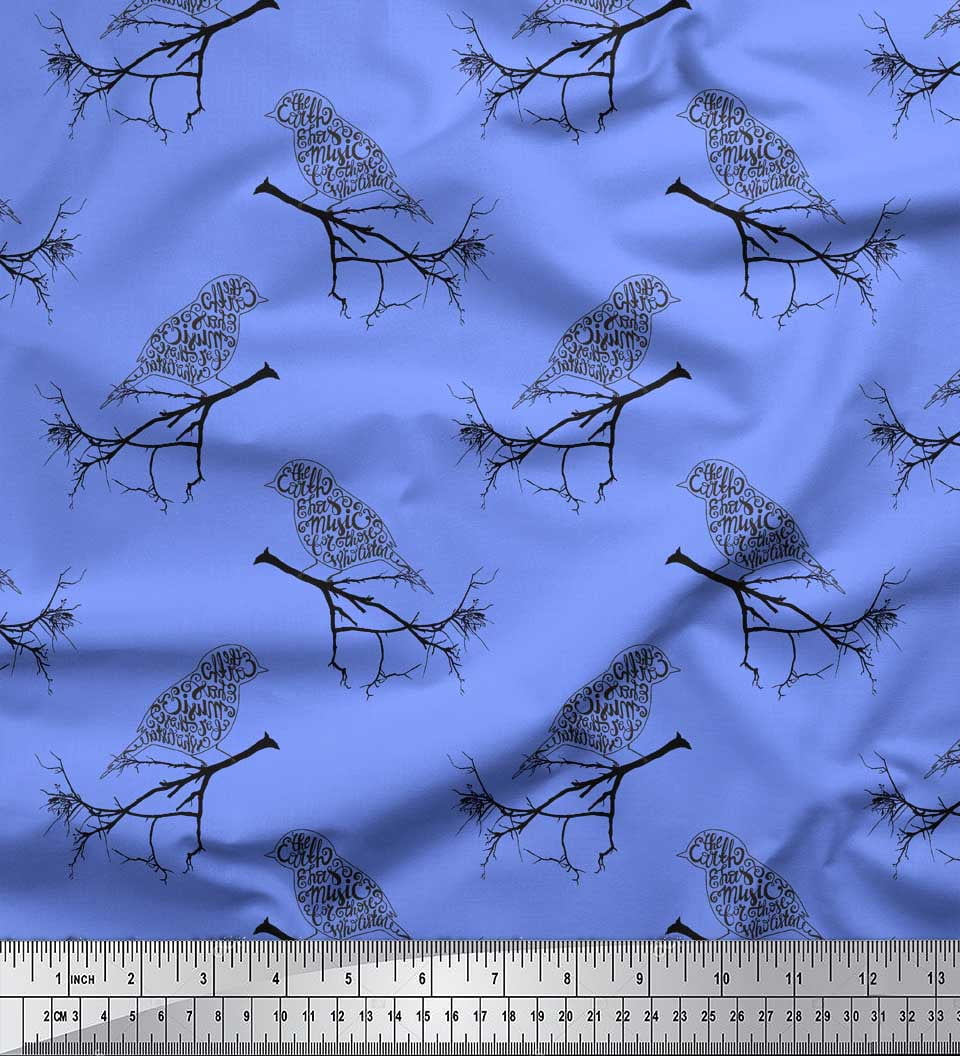 Soimoi Blue Velvet Fabric Branch & Bird Text Fabric Prints By Yard 58 ...