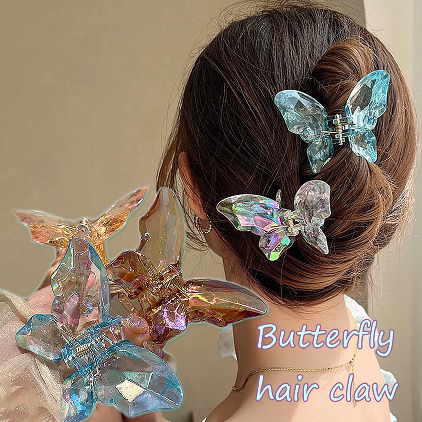 rygai Women Hair Clip Butterflies Transparent Strong Claw Faux Crystal ...