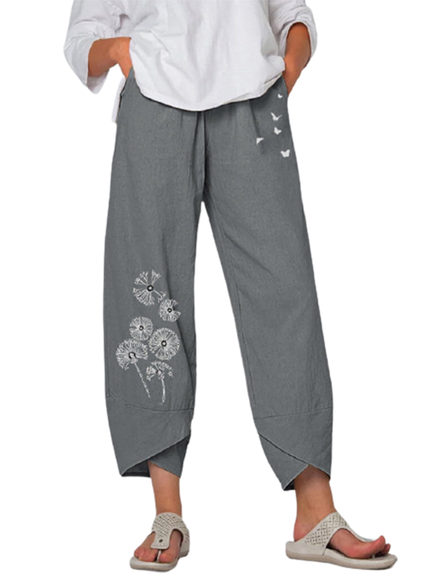 Focusnorm Harem Pants For Women Wide Leg Boho Pants Cotton Linen Ethnic