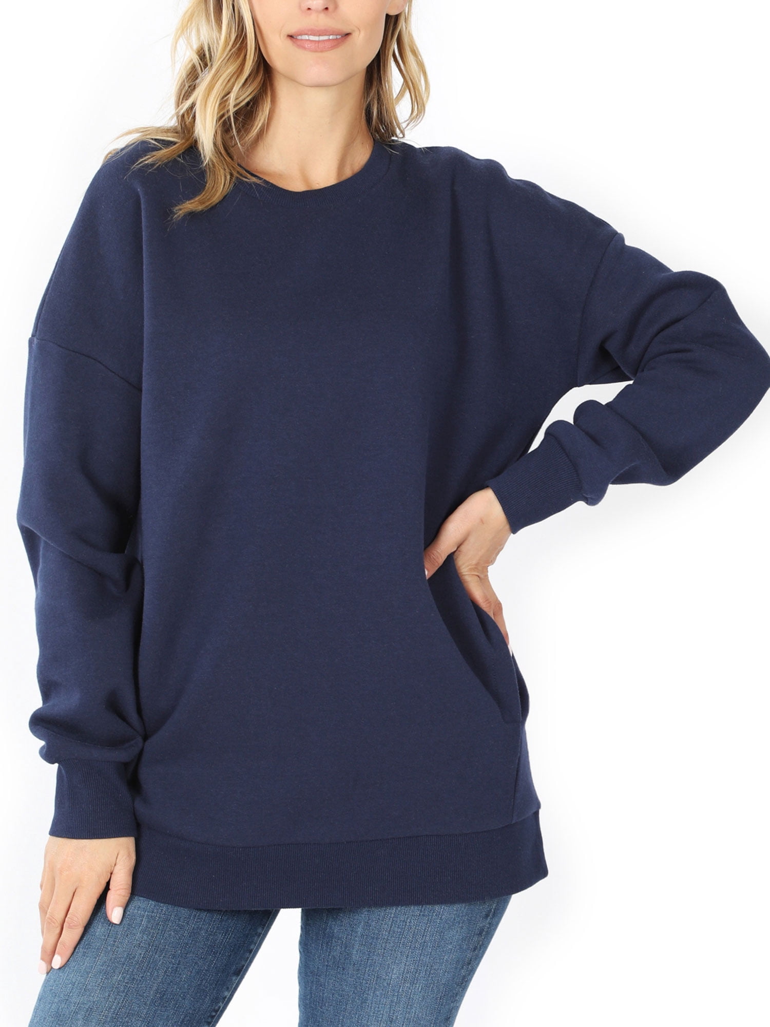 KOGMO Women's Round Neck Basic Long Sweater with Pockets - Walmart.com
