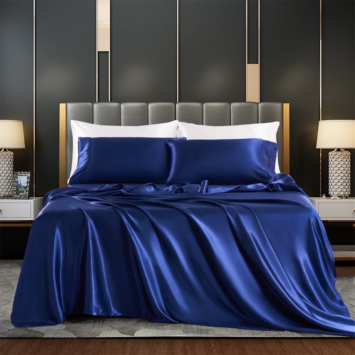 BESTSPR 4Pcs Satin Sheet Set King Size Ultra Silky Soft Satin King Bed BESTSPR 4Pcs Satin Sheet Set King Size Ultra Silky Soft Satin King Bed