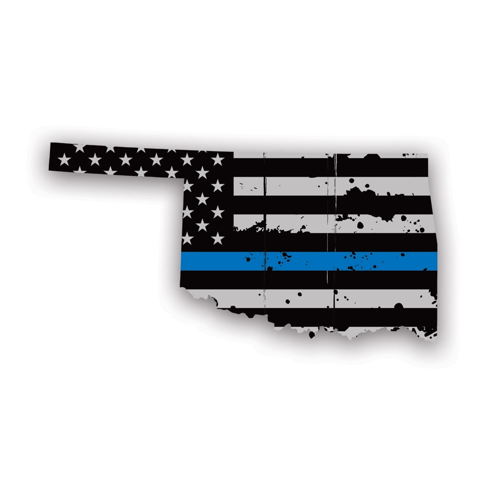 Distressed Oklahoma State Shaped Subdued US Flag Thin Blue Line Sticker ...