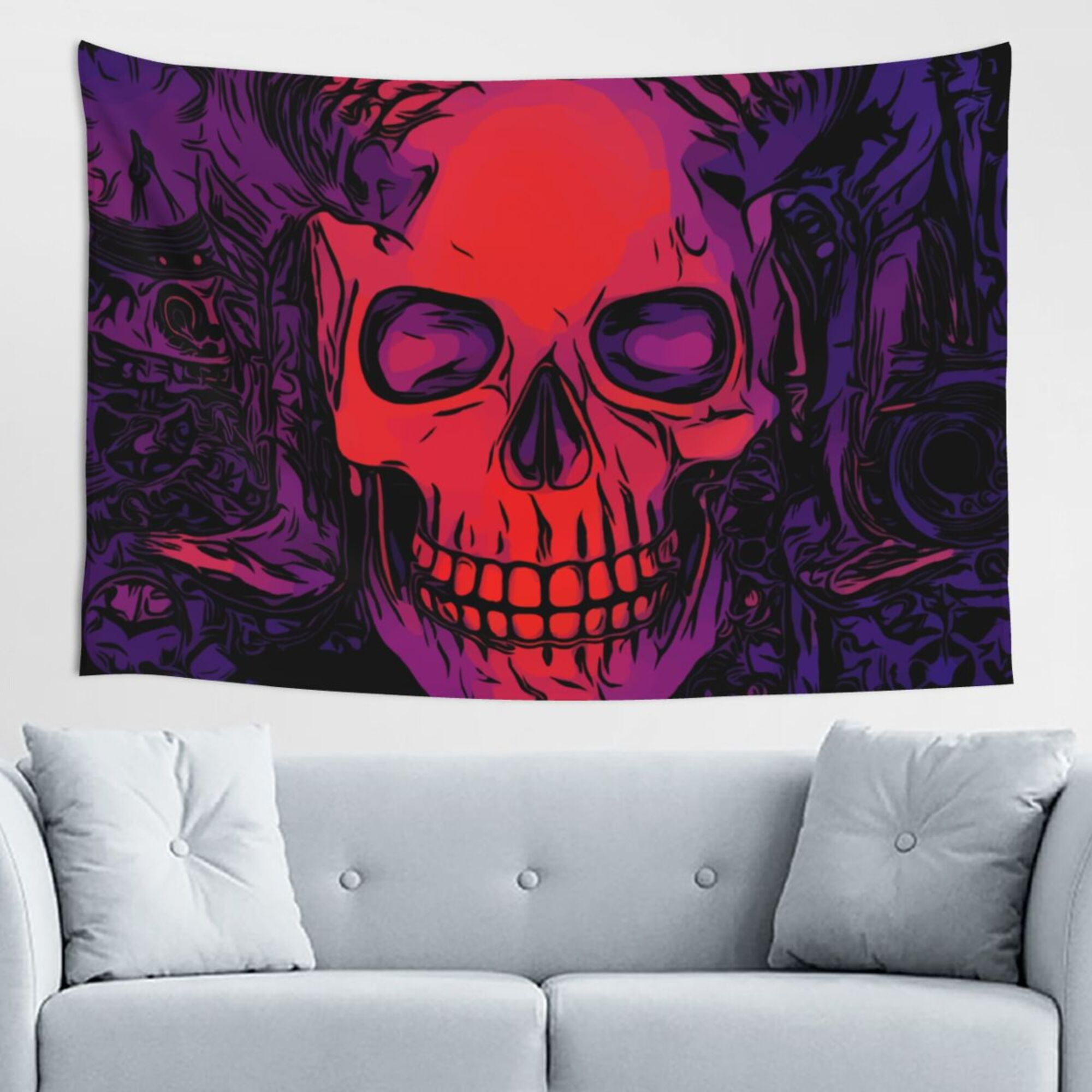 Purple Skull Death Goth Tapestry, Grin Horns Design Wall Hanging ...