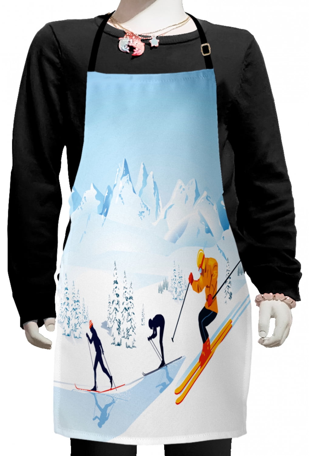 Sports Kids Apron, People in Winter Clothes Skiing down a Slope in a ...