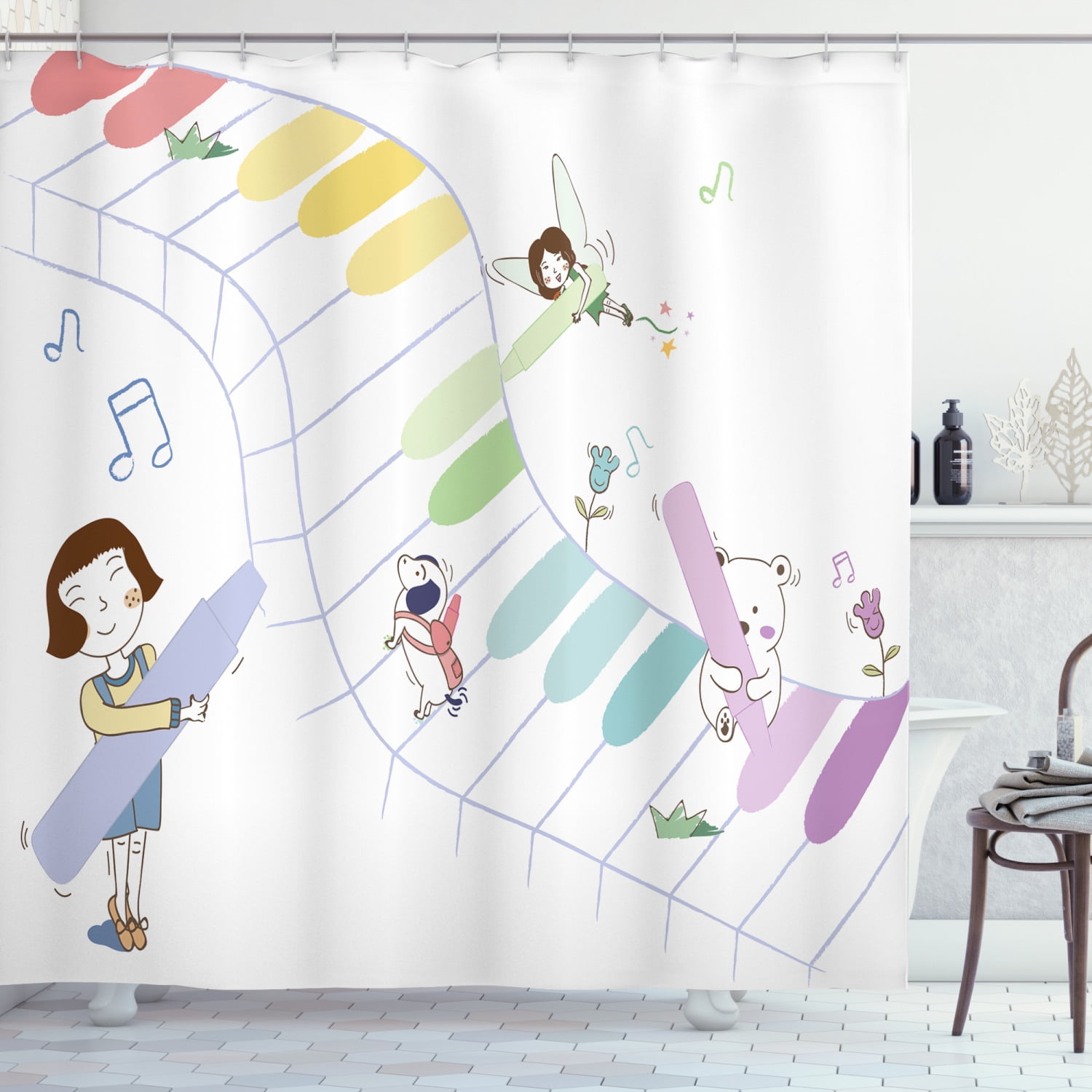 Nursery Shower Curtain, Cute Cartoon of Girl Fairy Puppy and Teddy ...