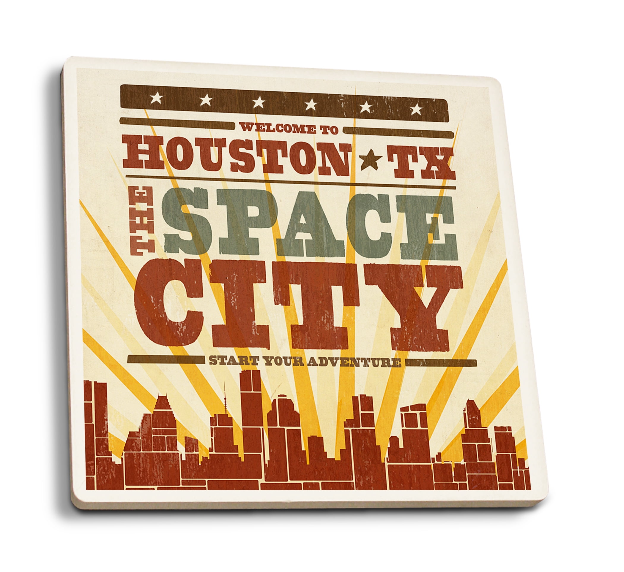 Houston, Texas, Skyline and Sunburst Screenprint Style (Absorbent ...