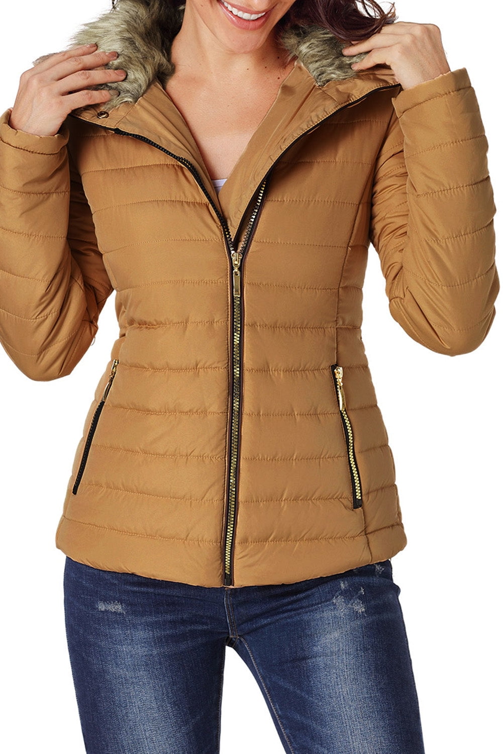Daniella Camel Collar Trim Black Quilted Jacket - Walmart.com