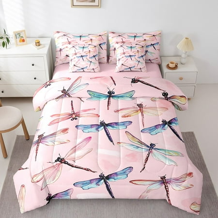 Dragonfly 7 Pieces Bedding Set Pink Dragonfly Twin Comforter Set with ...