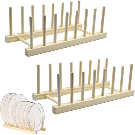 SHAR 2 Pieces Bamboo Plate Rack, Storage Tray Rack, Bamboo Dish Drainer ...