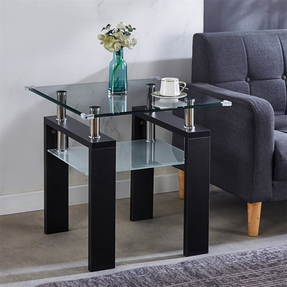 Cfowner Modern 2-Tier Rectangle Tempered Glass End Table with Wood Legs ...