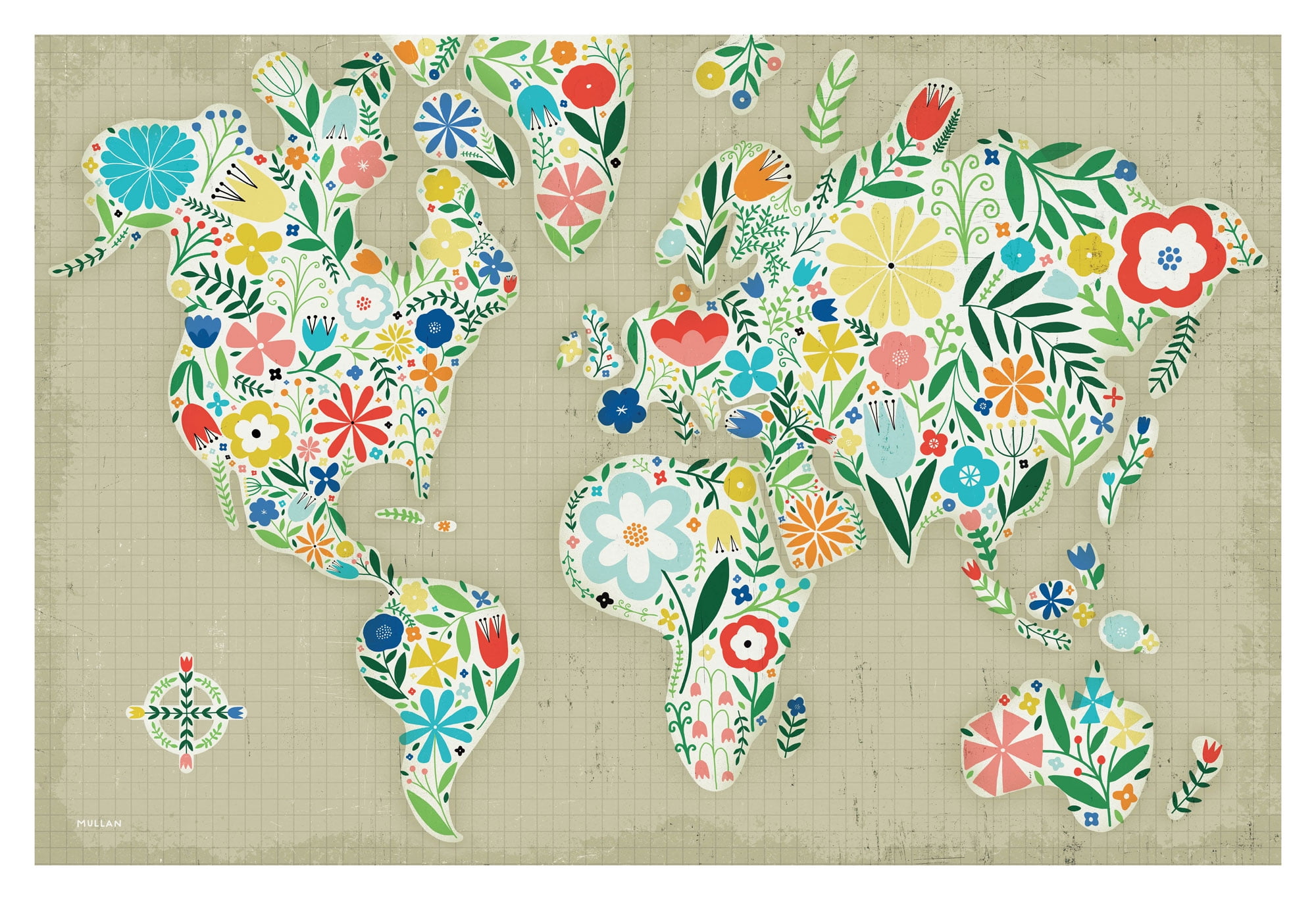 Beautiful Flower Filled World Map on Tan by Michael Mullan; Floral ...