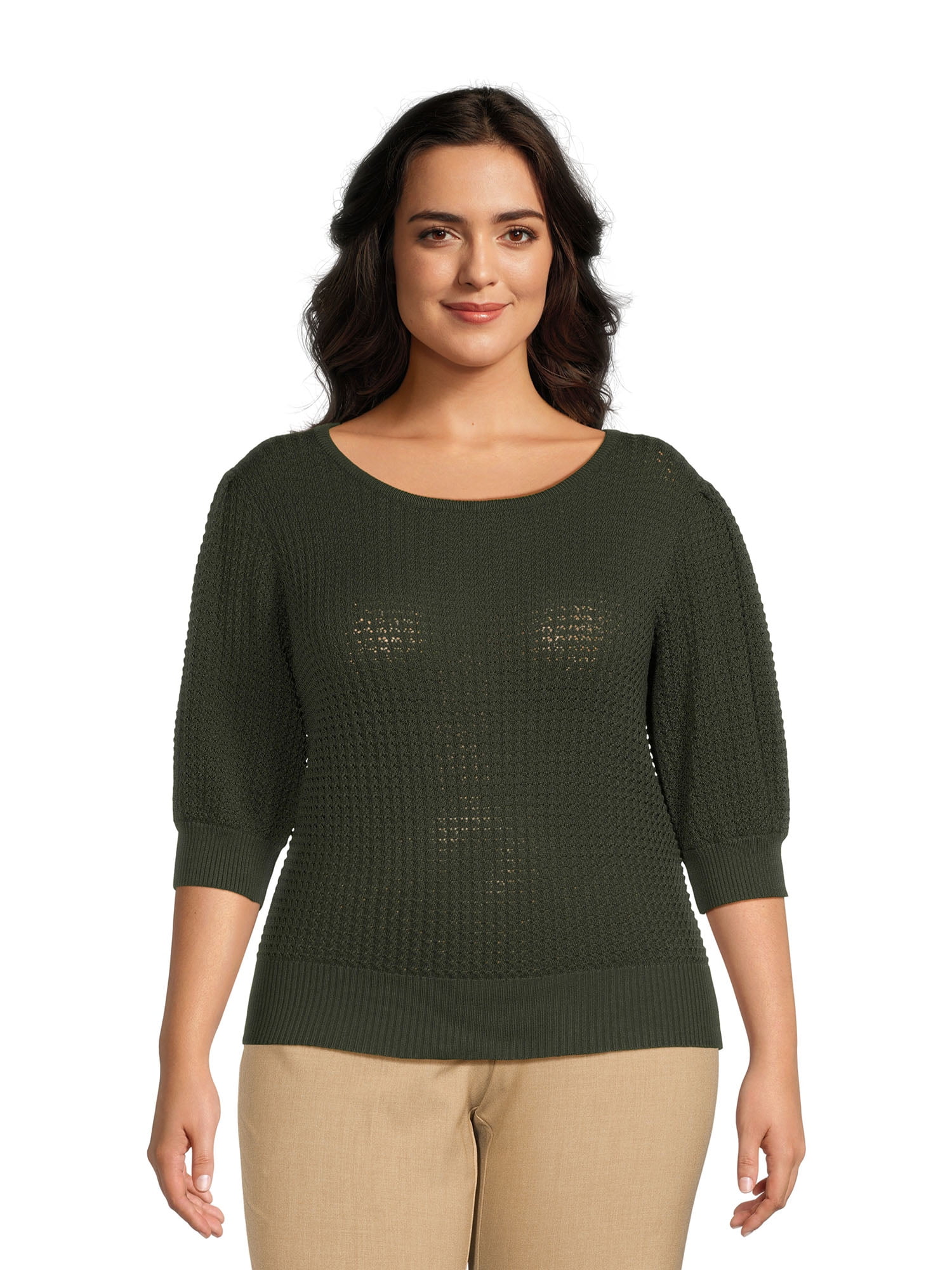 Terra And Sky Womens Plus Size Textured Sweater With Puff Sleeves