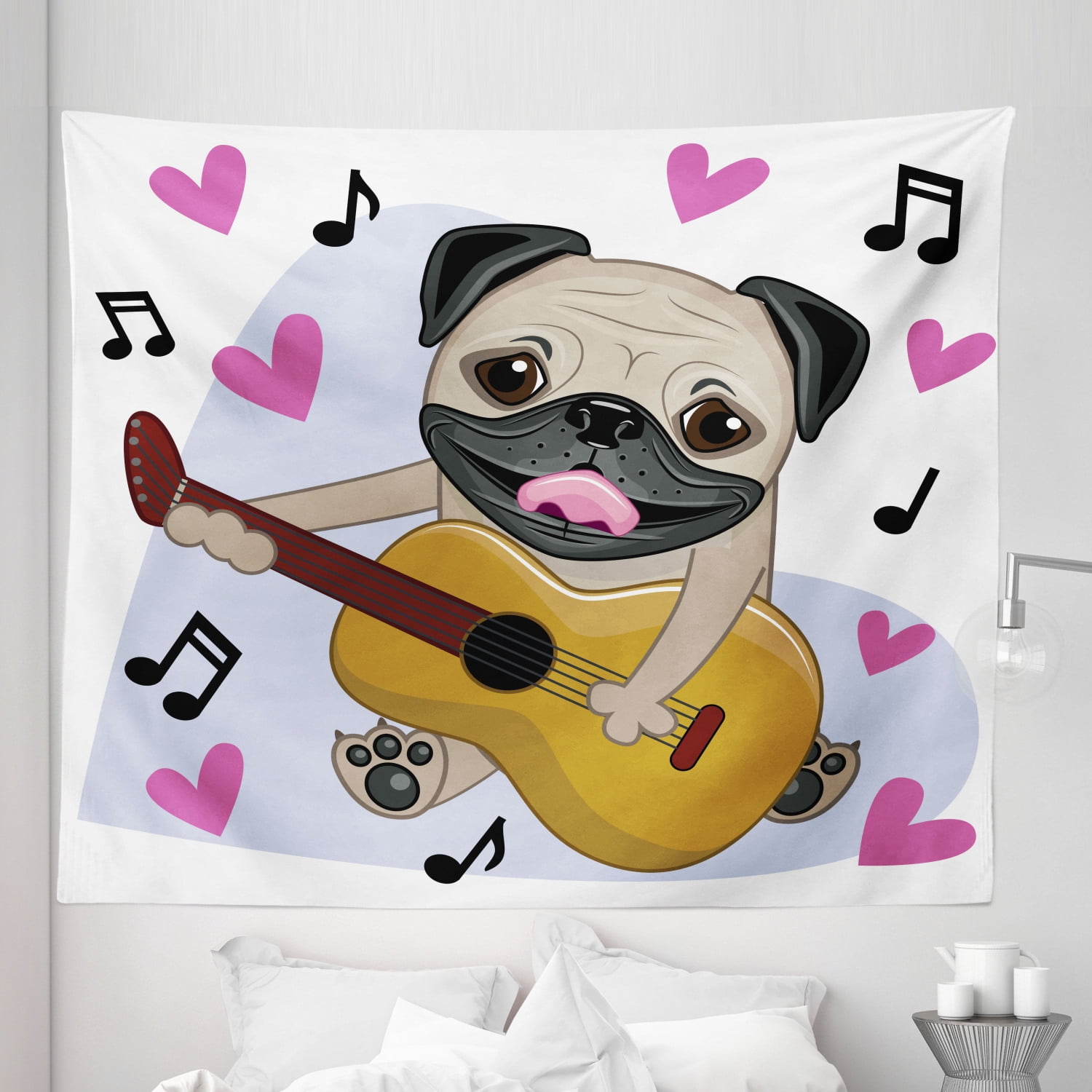 Pug Tapestry, Pug Dog Playing Guitar Singing with Pink Hearts Funny ...