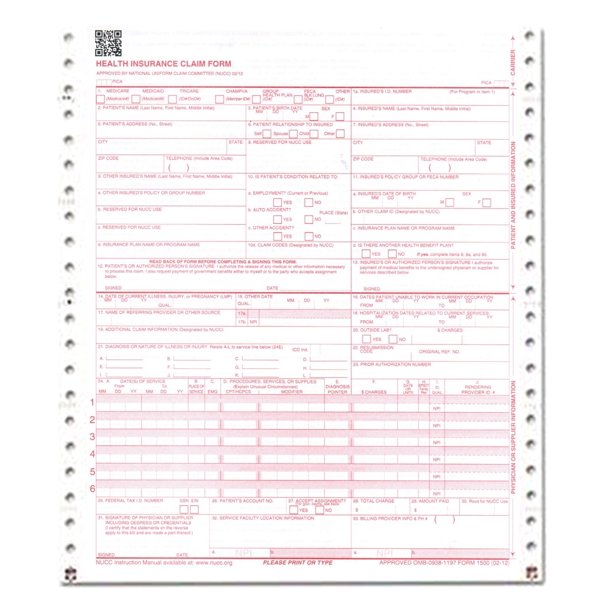 CMS 1500 Medical Claim Forms, 2 Part Continuous White/White, 9 1/2 x 11 ...