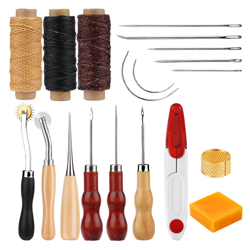 19-pcs Leather Craft Tools Hand Stitching Tool Kit for Thread Awl Waxed ...