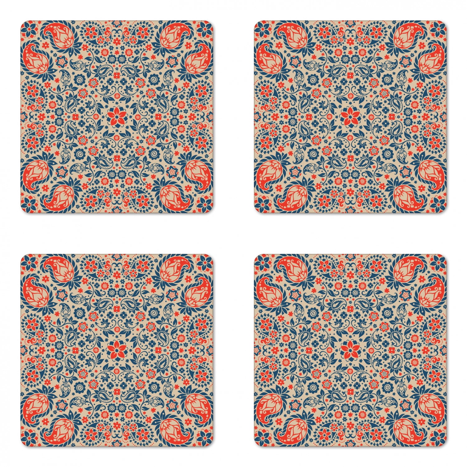 Paisley Coaster Set of 4, Floral Ornate Pattern Cultural Folk Persian ...
