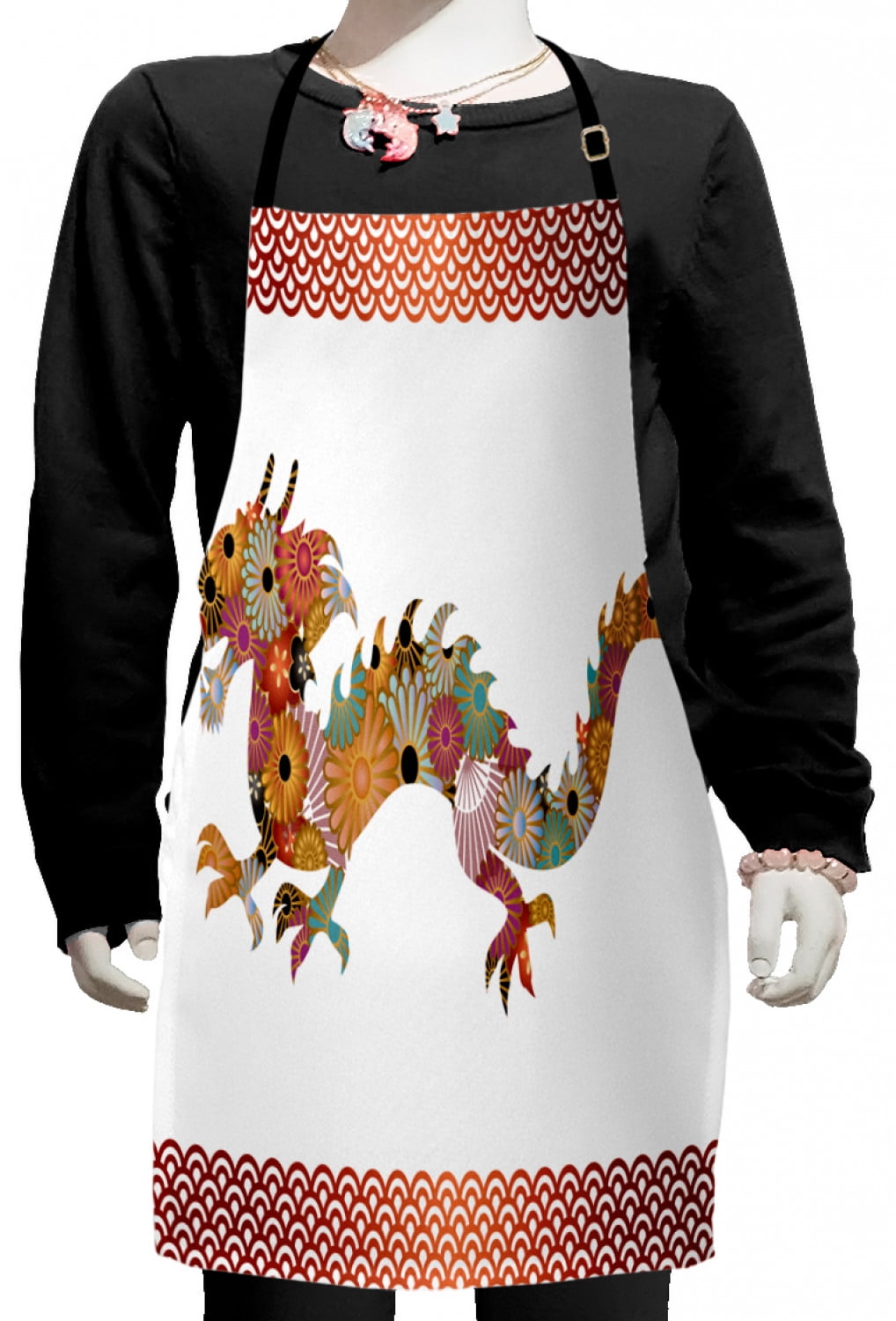 Dragon Kids Apron, Floral Ornamental Dragon Body Silhouette with ...