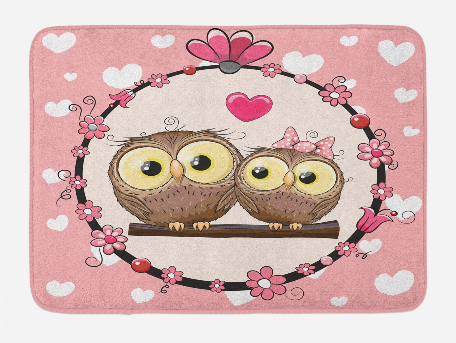 Owls Bath Mat, Lovely Owl Couple on Tree Branch Floral Wreath ...