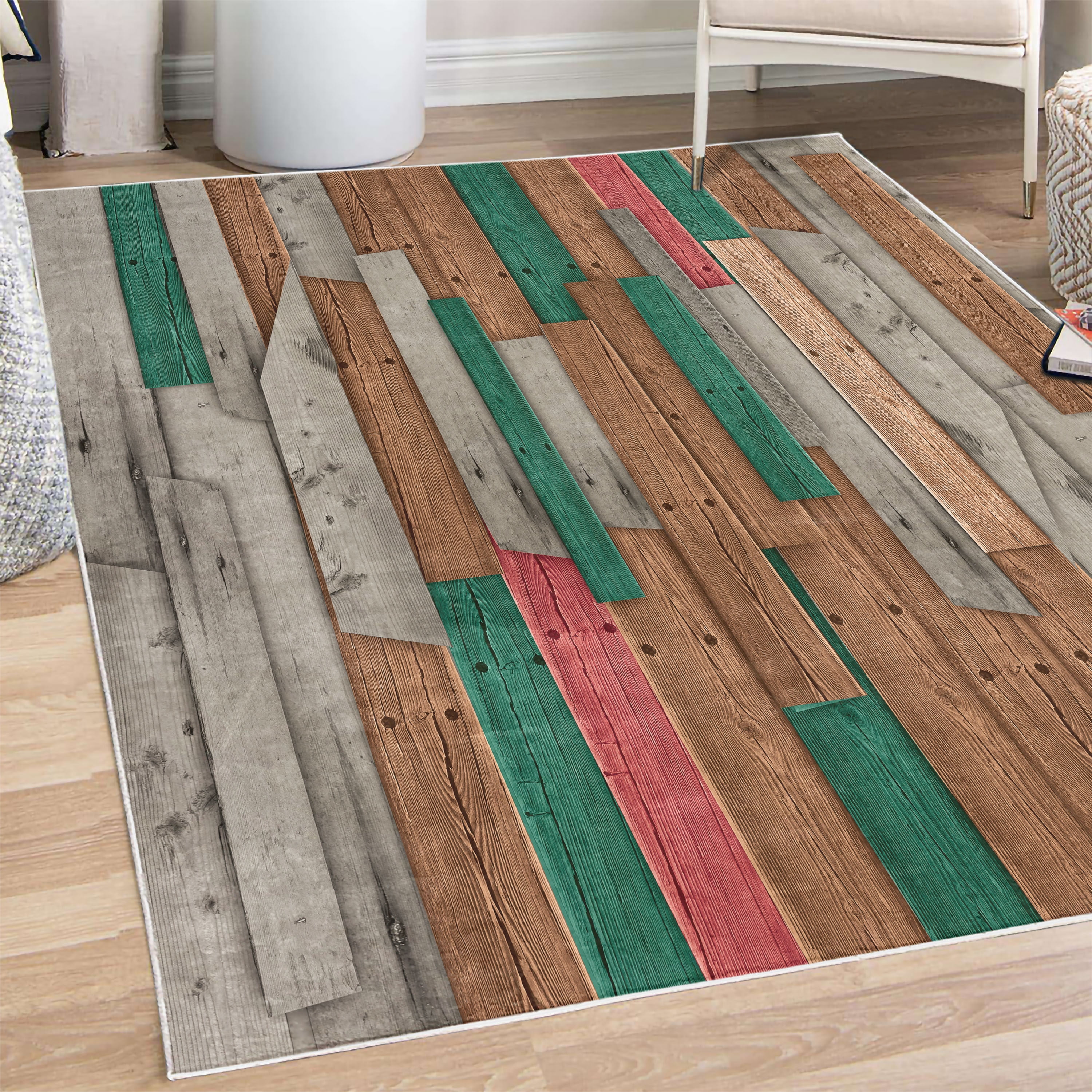 Rustic Decorative Rug, Grunge Wood Planks Barn House Door Nails Country ...