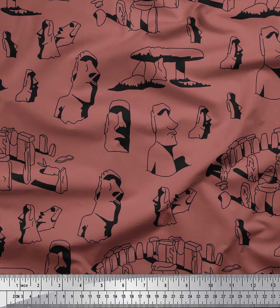 Soimoi Modal Satin Fabric Easter Island Statue Face Print Fabric by the ...