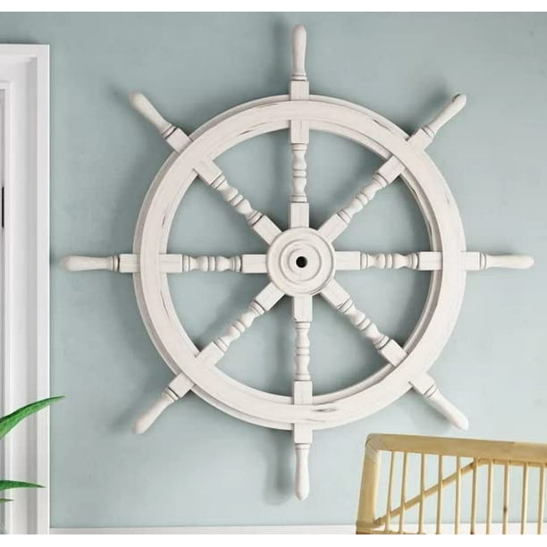 White Ships Wheel with Brass Center Hub, Maritime Nautical Ships Wheel ...