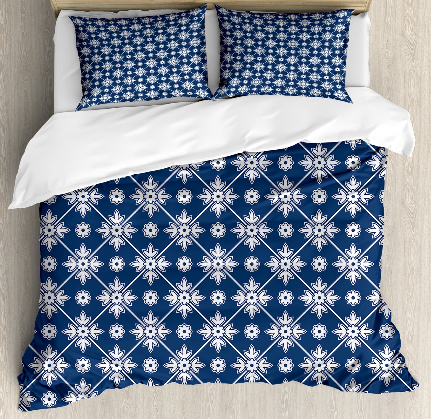 Blue Duvet Cover Set Queen Size, Checkered Pattern with Abstract Spring ...