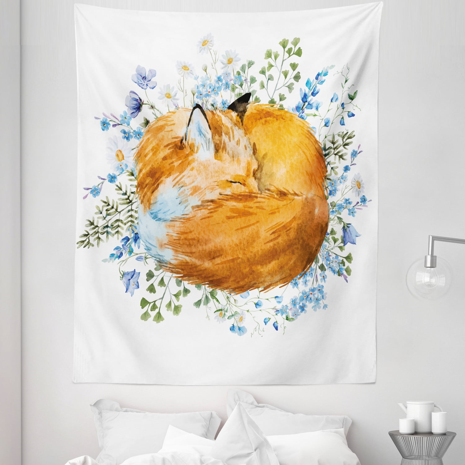 Fox Tapestry, Sleeping Fox in Watercolors Hand Drawn Fresh Wild Flowers ...