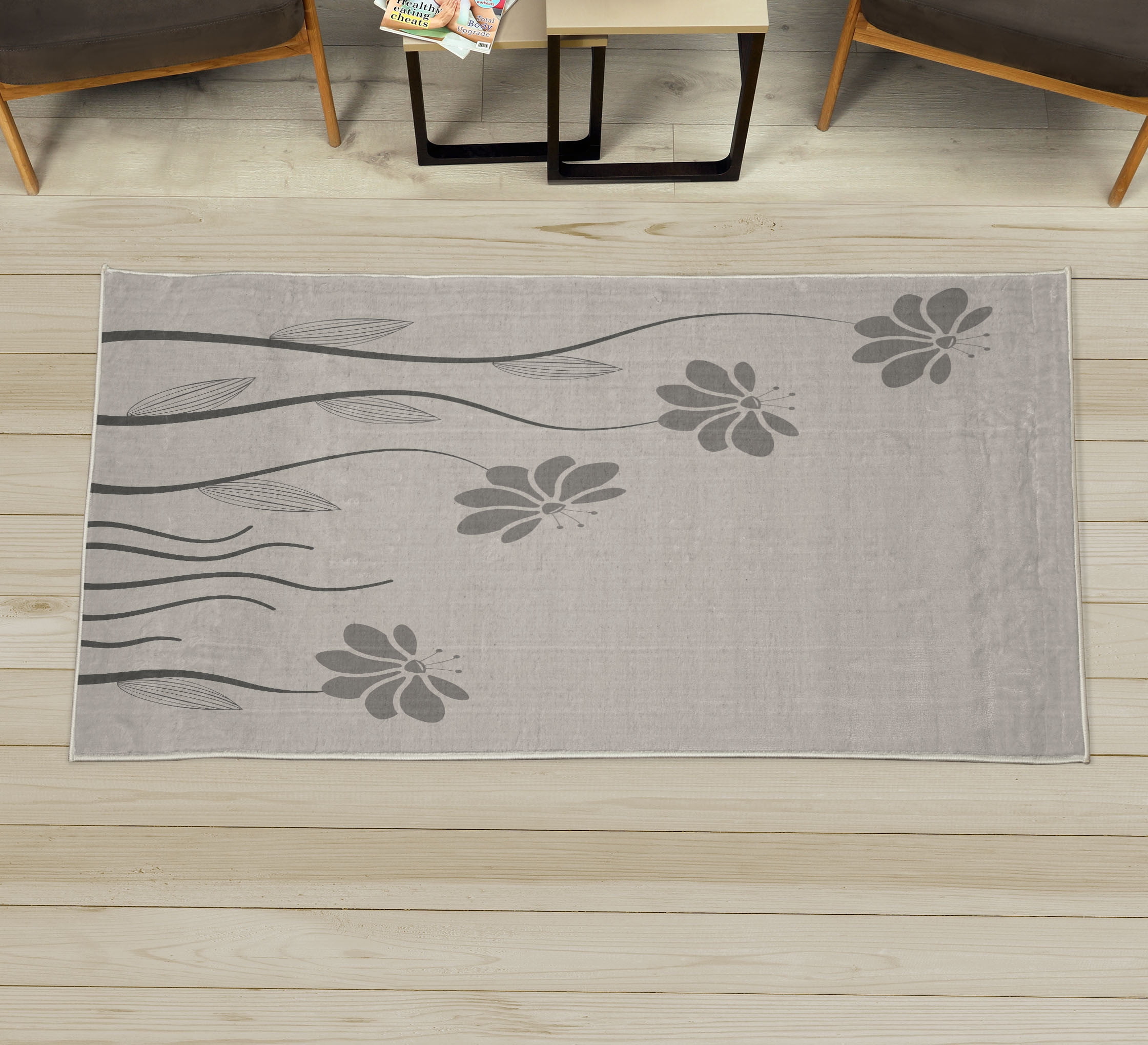 Flower Decorative Rug, Floral Petals with Striped Leaves and Lines ...