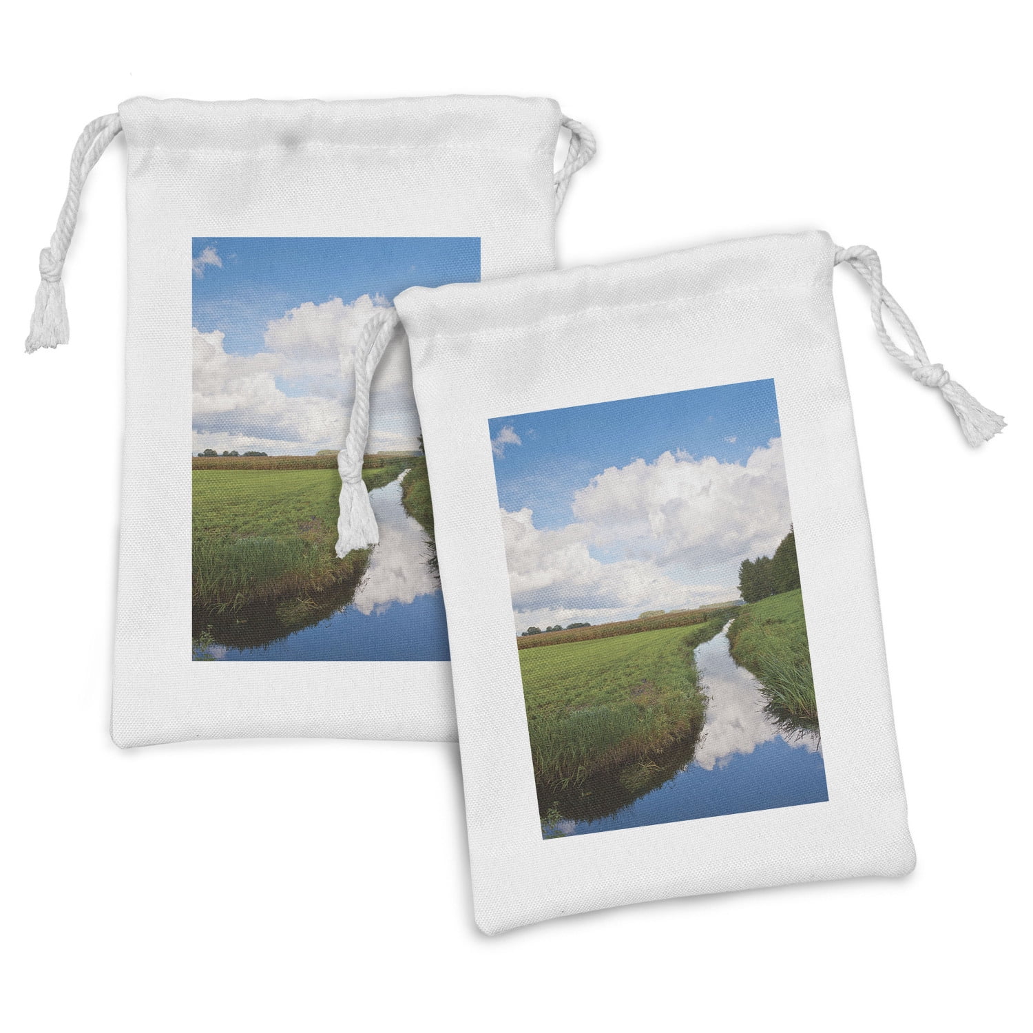 Landscape Fabric Pouch Set of 2, Reflective Calm River Scenery Meadow ...