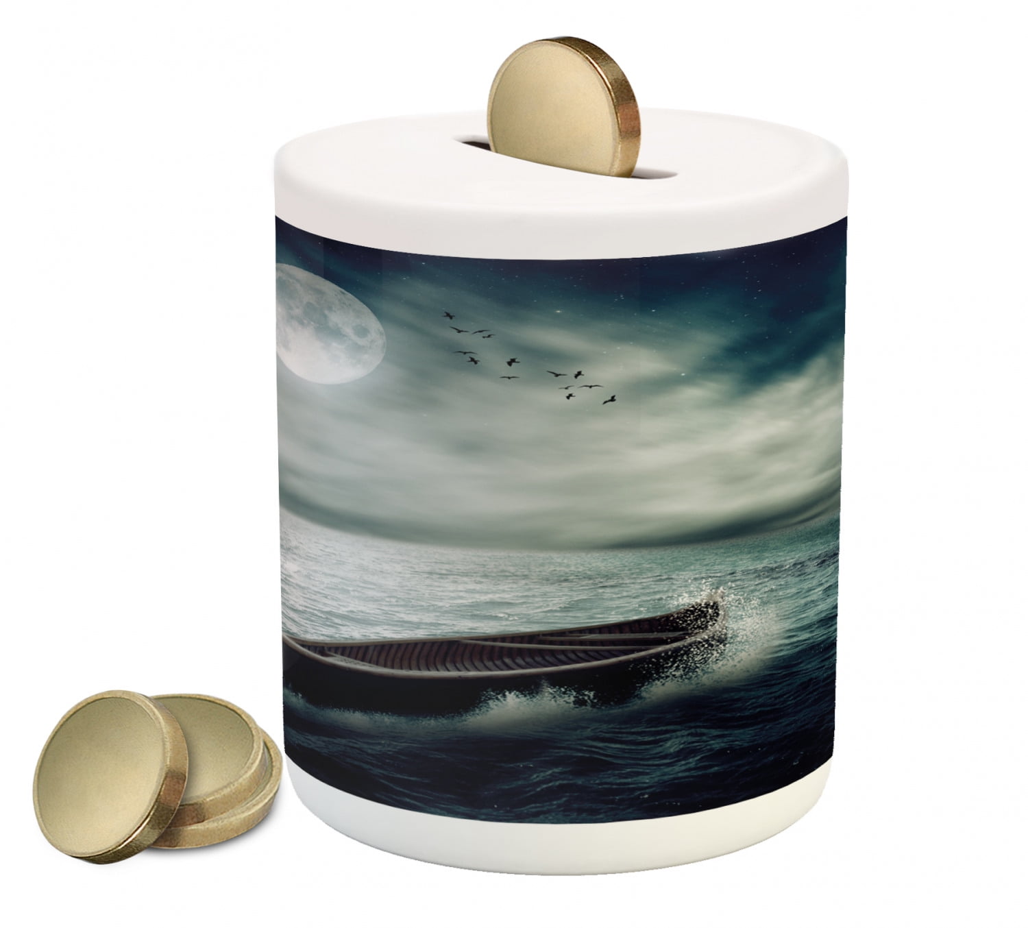 Fishing Piggy Bank, Boat Drifting in Ocean Full Moon Dramatic Night Sky ...