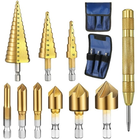10 Pieces Step Drill Bit Set 1/4 Inch Hex Shank 5 Flute Countersink ...