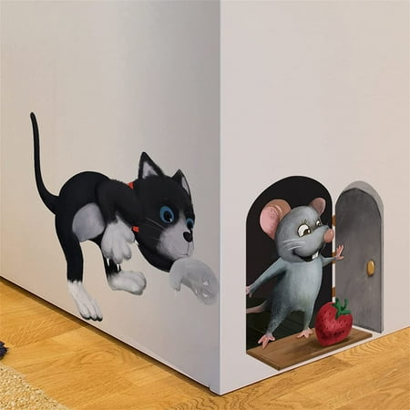 Cartoon Mouse Hole Cat Wall Sticker Mouse Sticker Cute Cat Catch Mouse ...