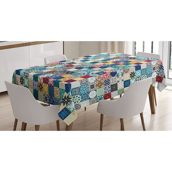 Moroccan Tablecloth, Oriental Eastern Pattern with Grid Style Patchwork ...