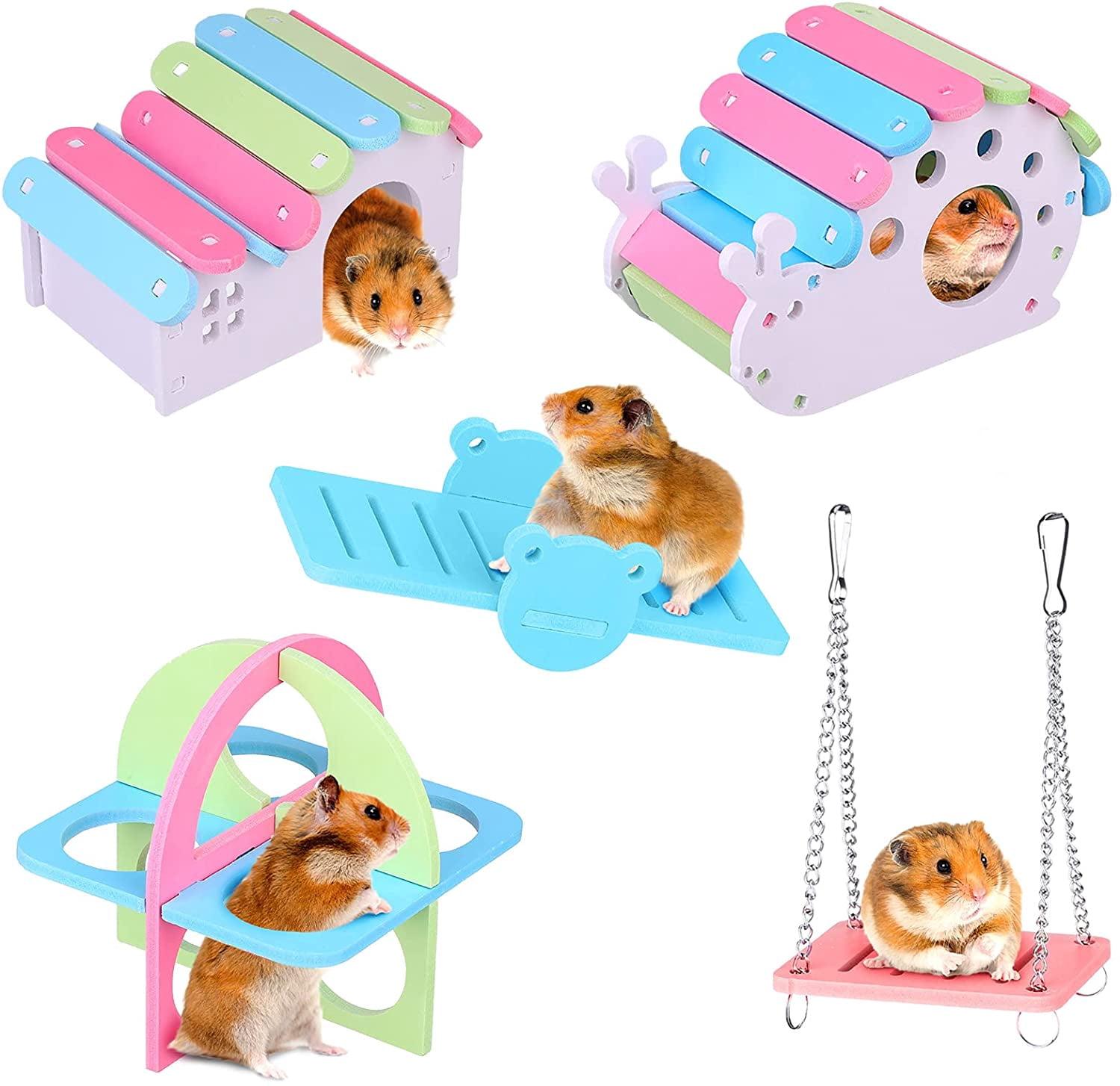 5 Pieces Rainbow Hamster Toys Set Hamster House Wooden Gerbil Hideout ...