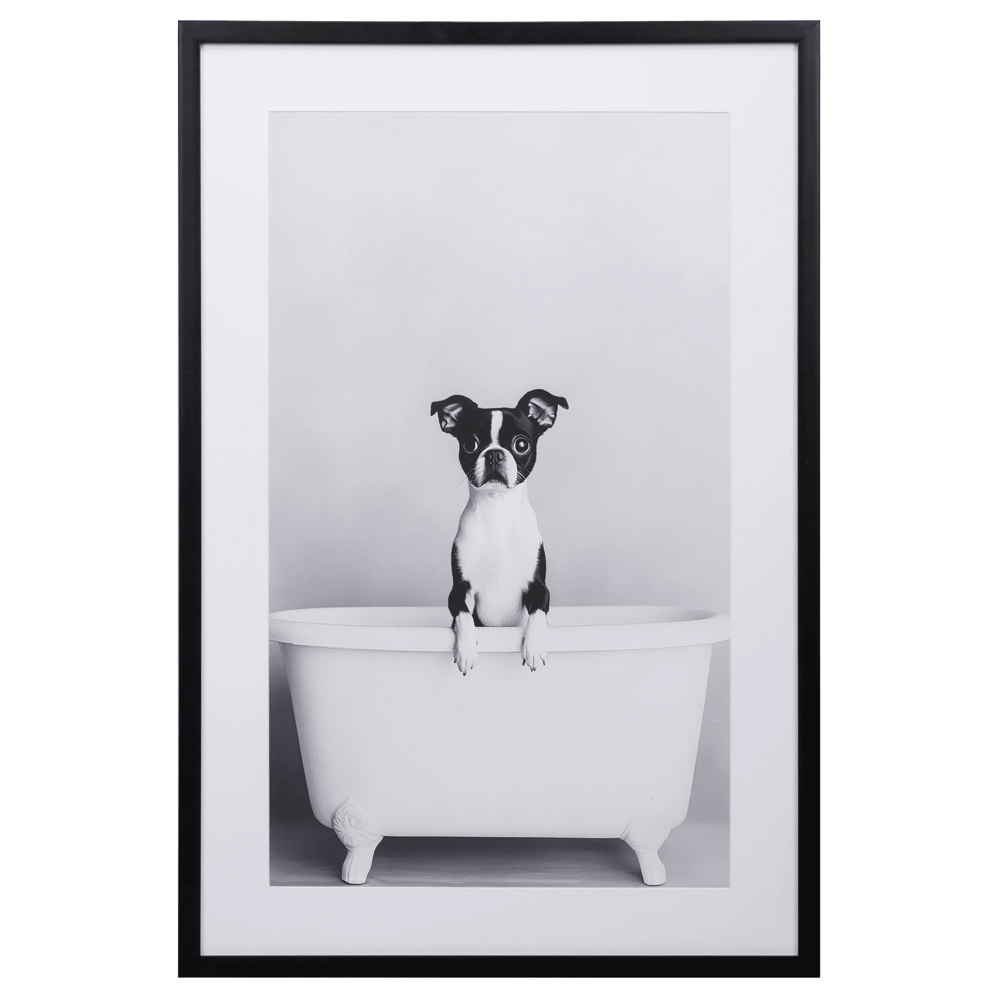 Click here for Bouclair White Dog In Bathtub Framed Canvas 24 X 3... prices