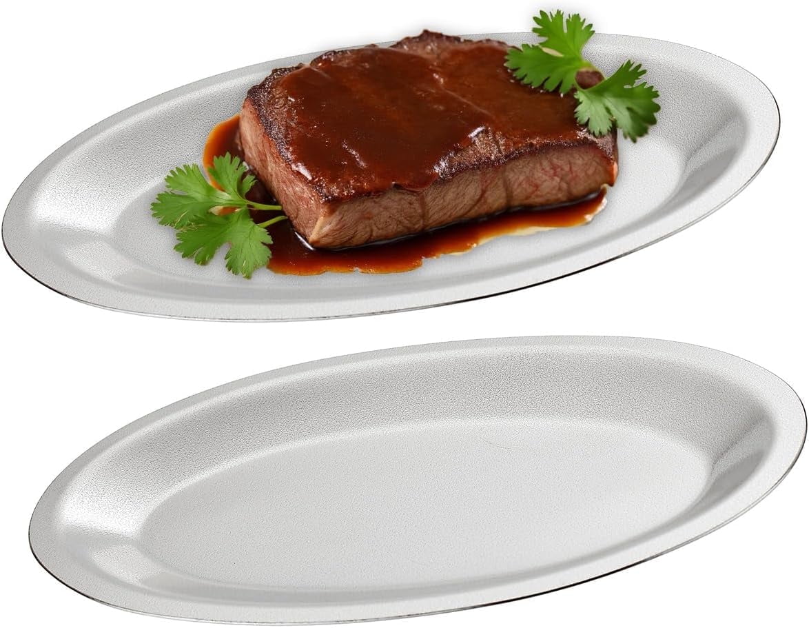 SANQIAHOME 9.9x6.1 Inch Thick Stainless Steel Dinner Plate 2-Piece Set ...