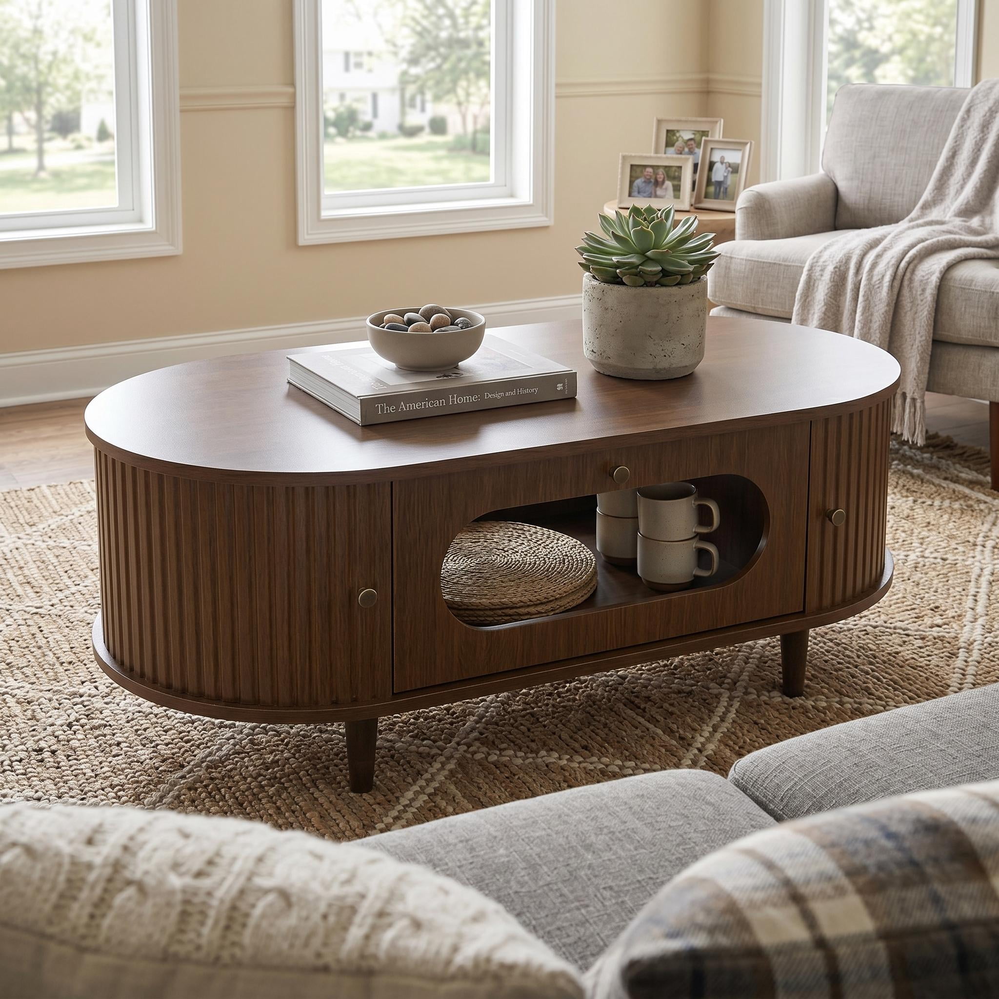 Homy Casa, Walnut Oval Coffee Table with Drawer, Tempered Glass Window ...