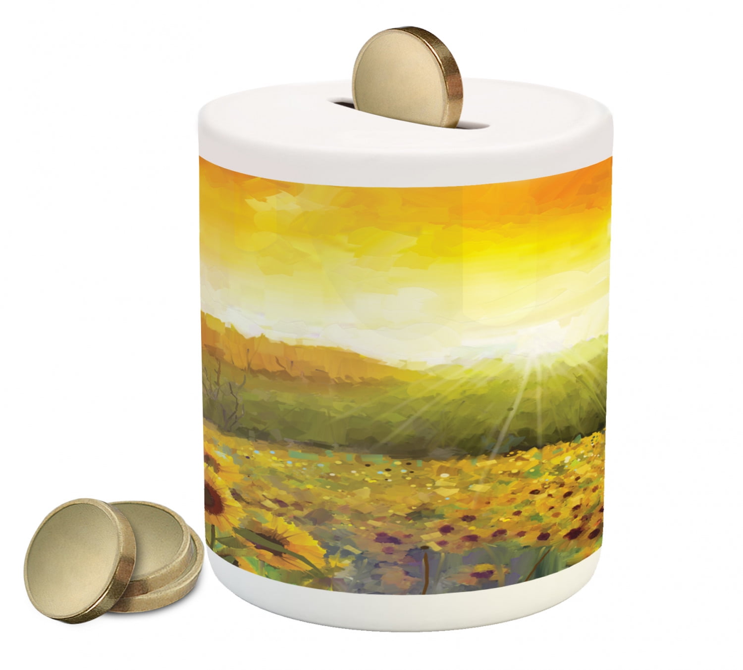 Sunflower Piggy Bank, Landscape a Golden Yellow Field and Distant Hill ...