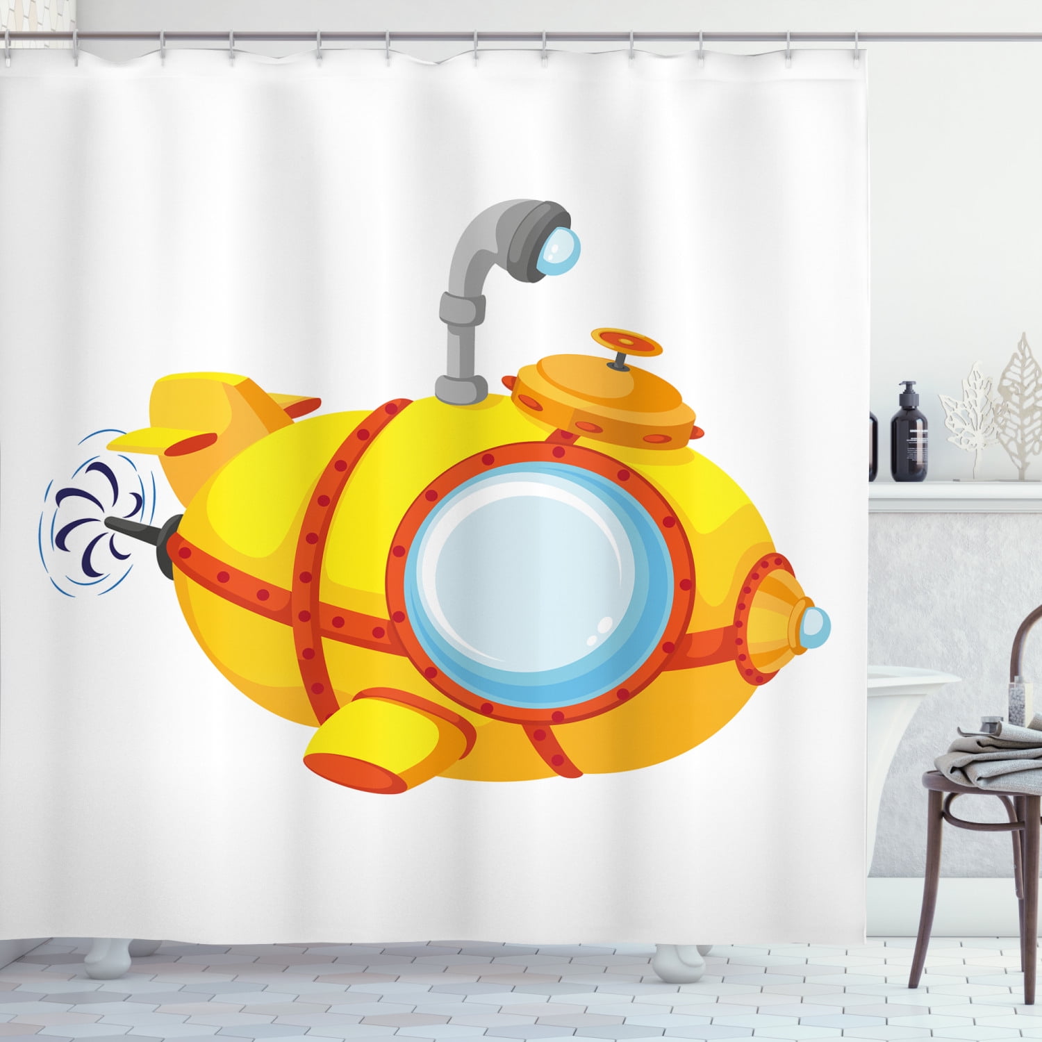 Yellow Submarine Decor Shower Curtain Illustration Of A Bathyscaphe