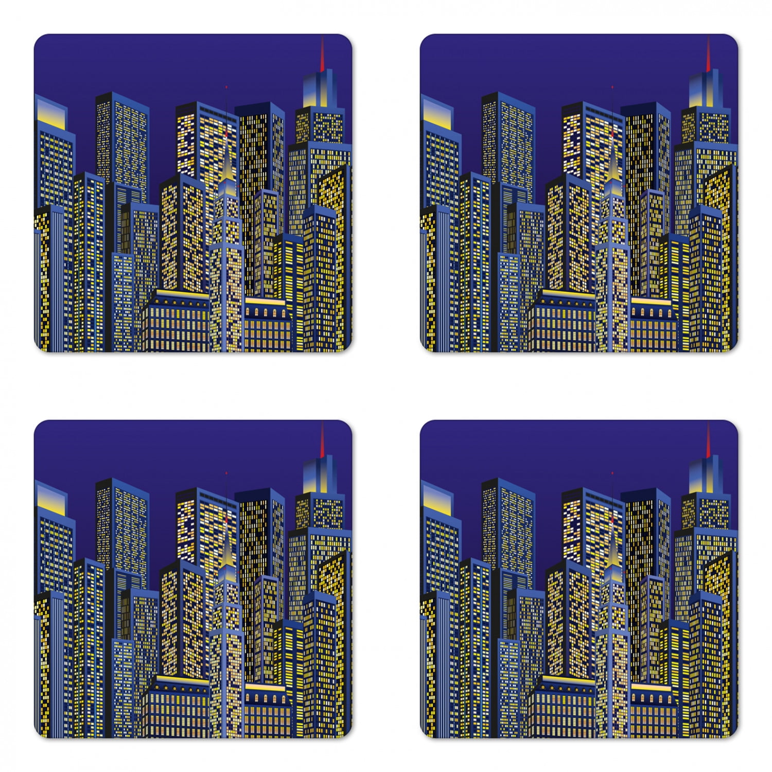 Digital Coaster Set of 4, Cartoon Design Cityscape with Square Seemed ...