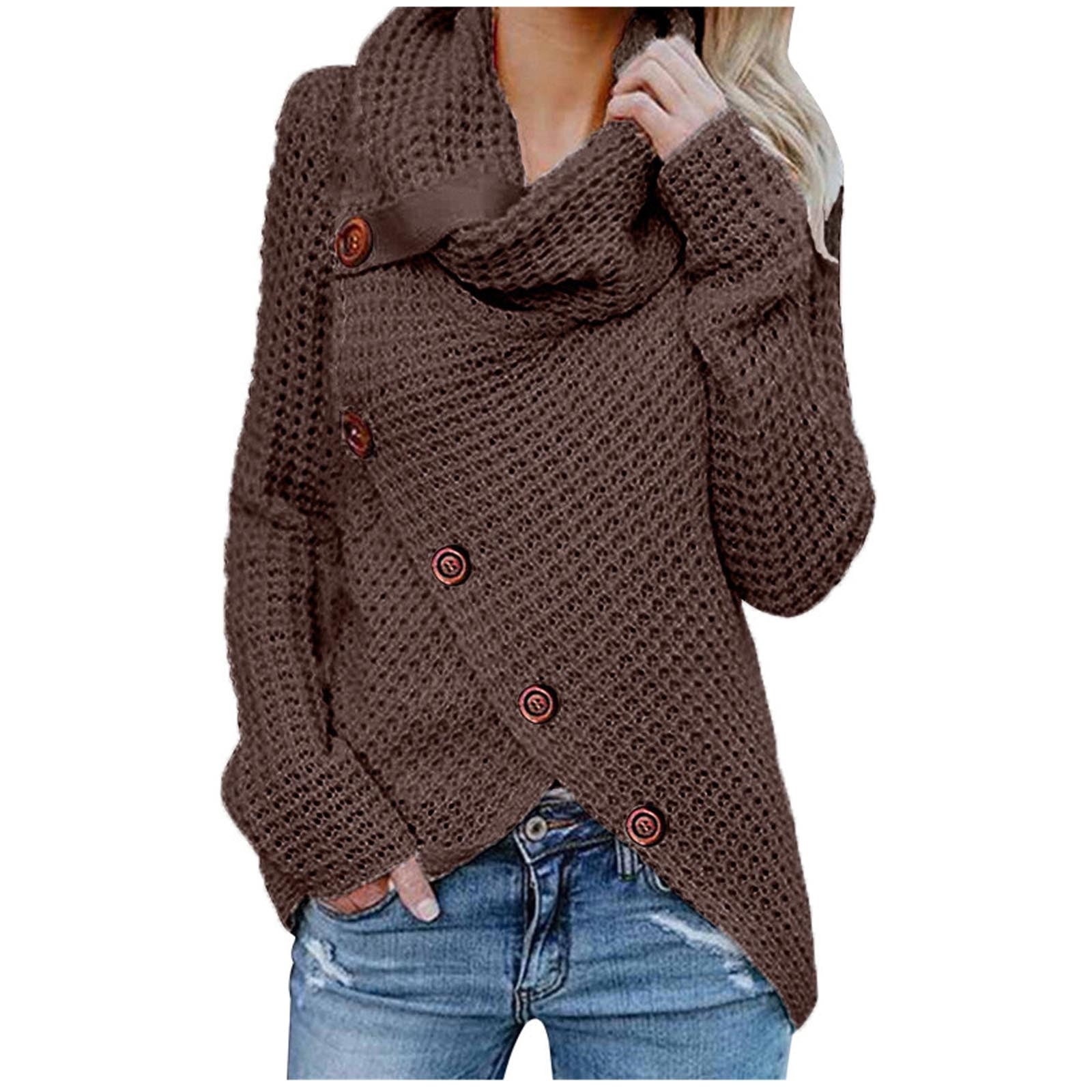 Women's Solid Color Chunky Button Pullover Sweater Turtle Cowl Neck ...