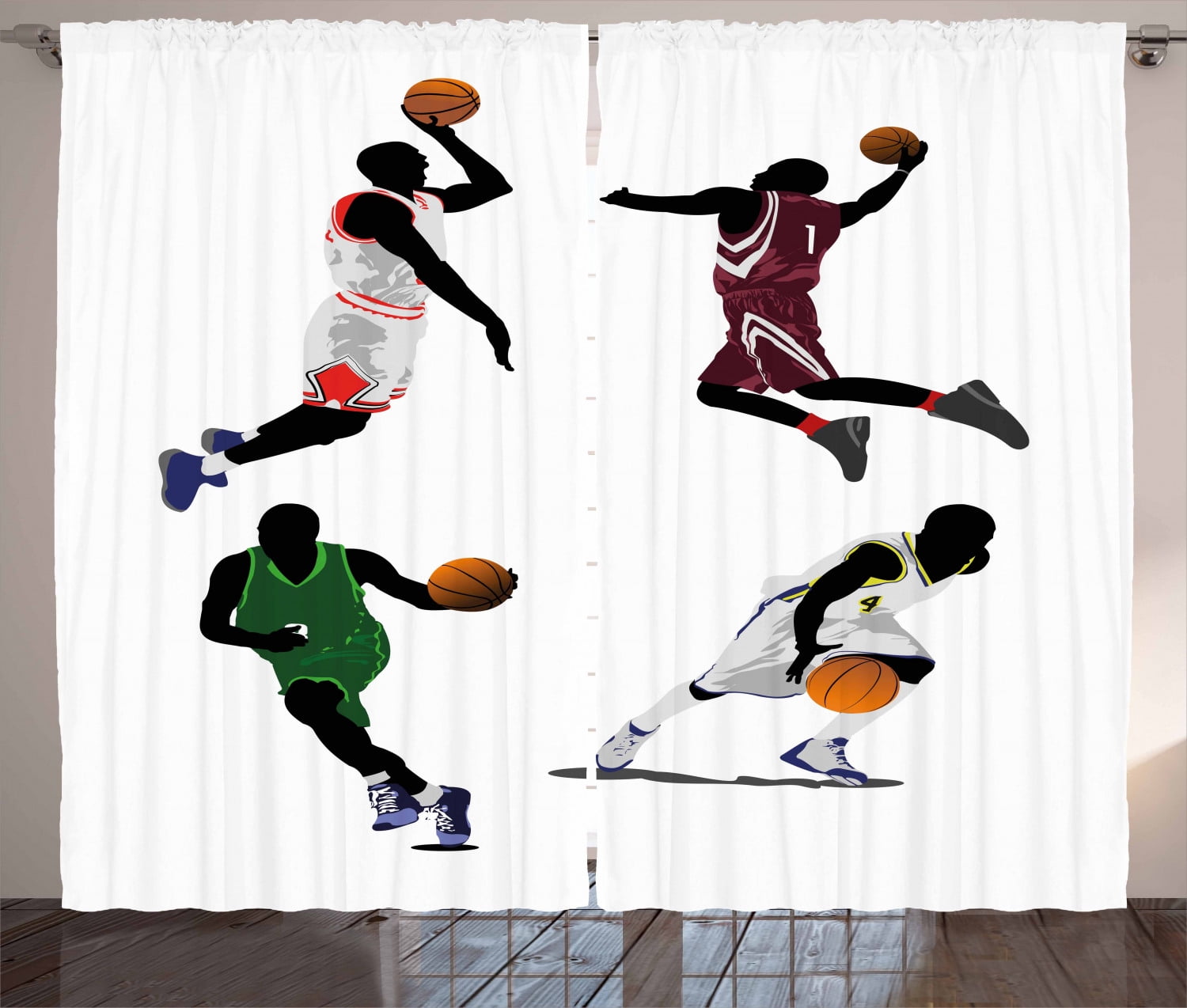 Sports Curtains 2 Panels Set, Basketball Players Dribbling Dunking ...