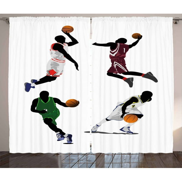 Sports Curtains 2 Panels Set, Basketball Players Dribbling Dunking ...
