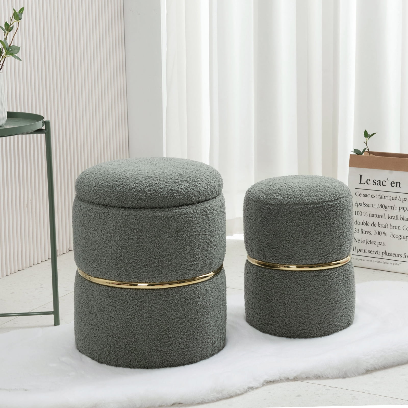 Furniliving Grey Round Footstool Storage Ottoman Footrest Modern ...